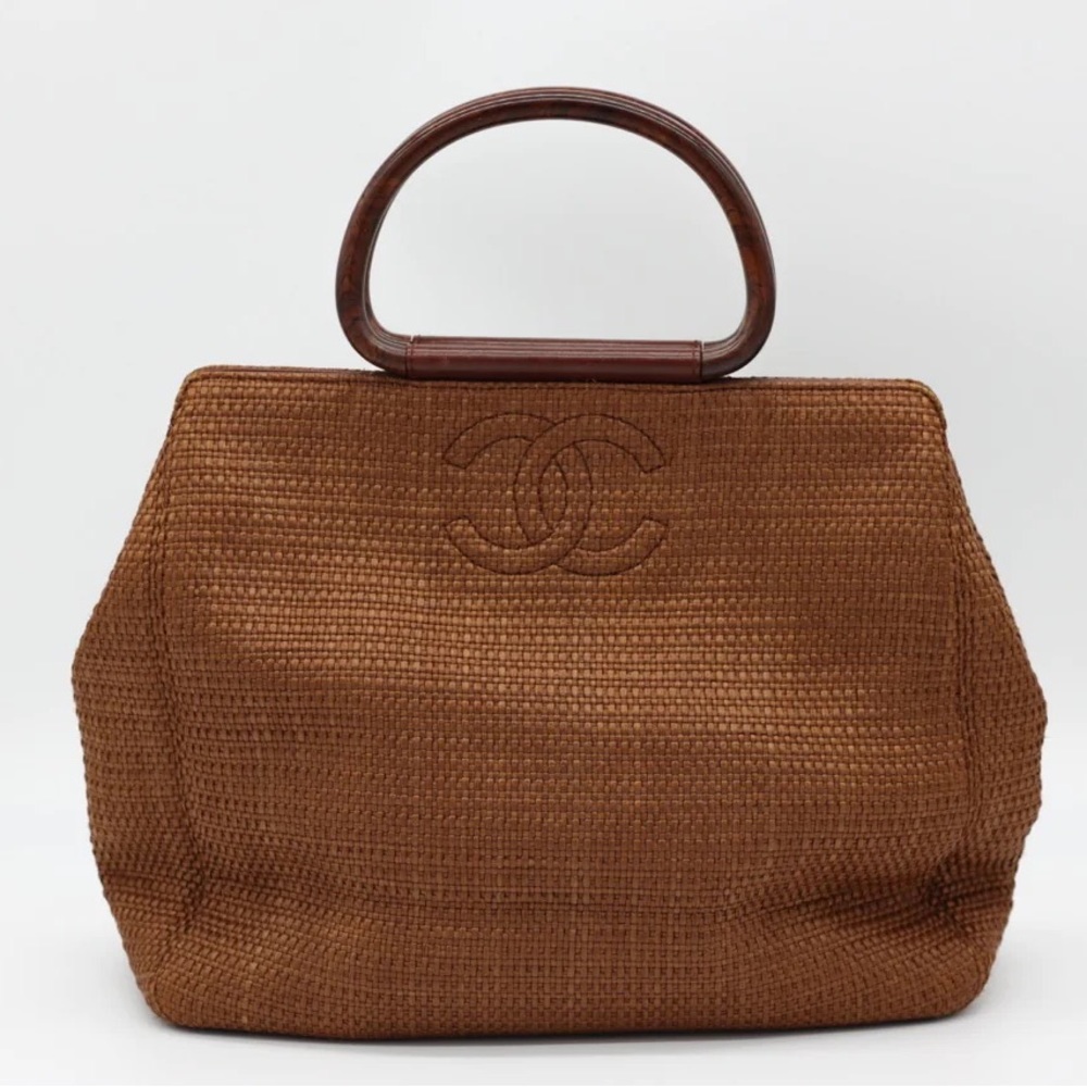 Vintage Chanel Wooden Handle Raffia Tote Bag - Gem